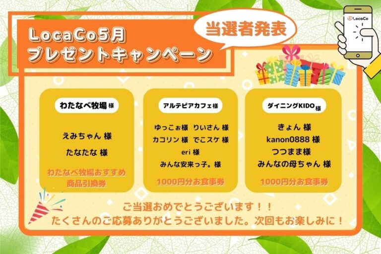 LocaCo5月プレゼントキャンペーン当選者発表 – 地域情報プラットフォームアプリLocaCo(ロカコ)